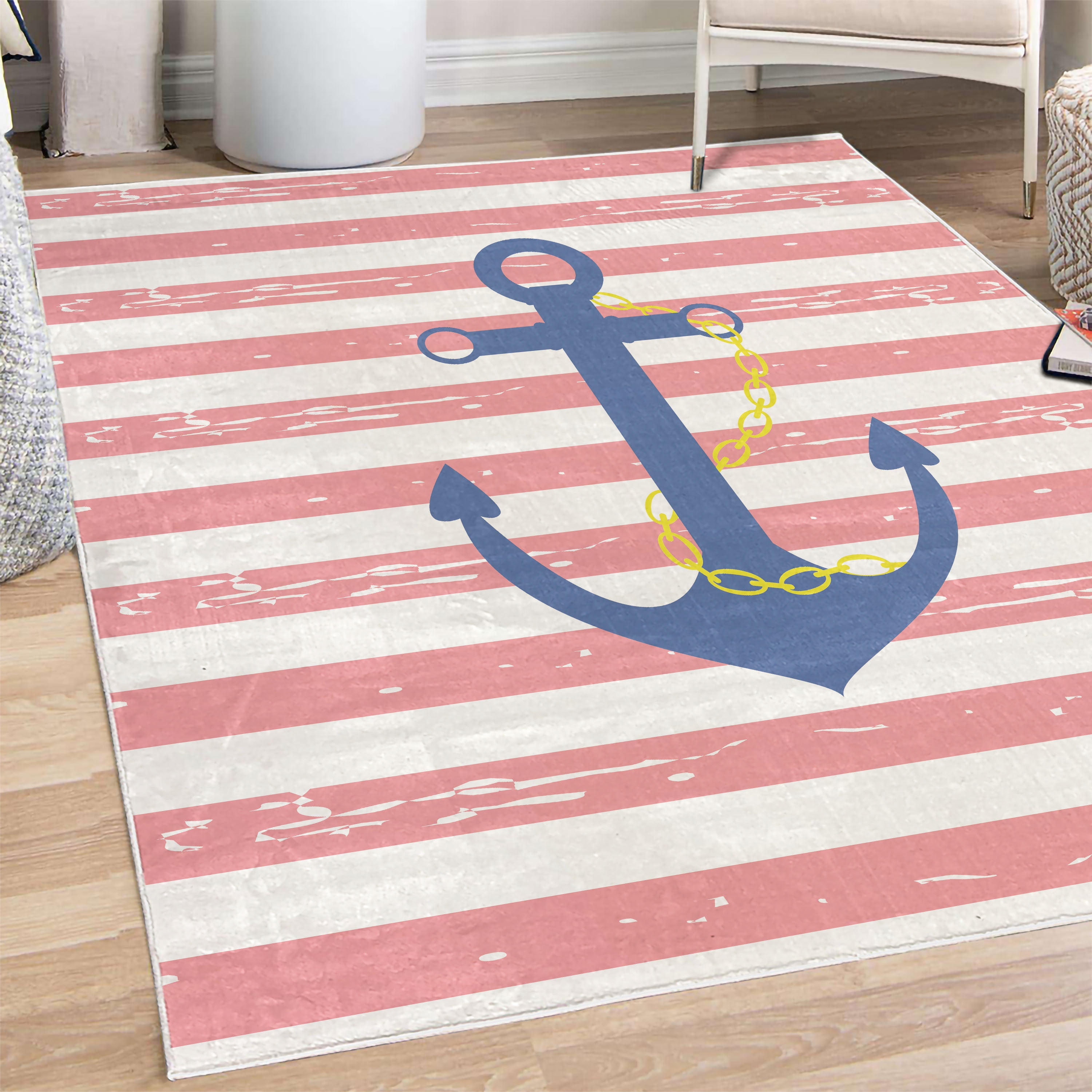 Striped Decorative Rug, Ship Anchor Chain Marine Life Inspired Lines ...