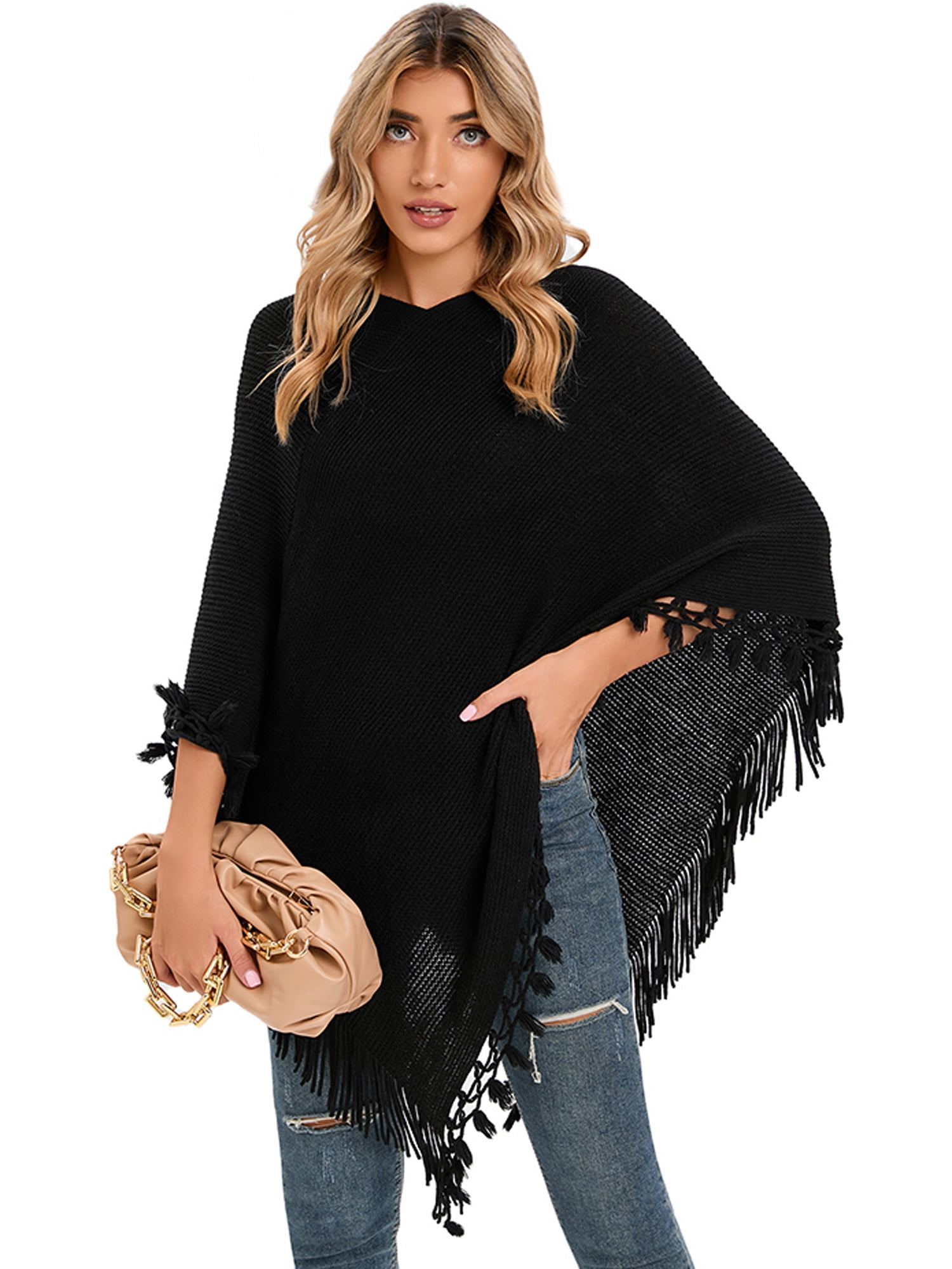LELINTA Womens Crochet Floral Design Knit Fringe Poncho Pullover Cape ...