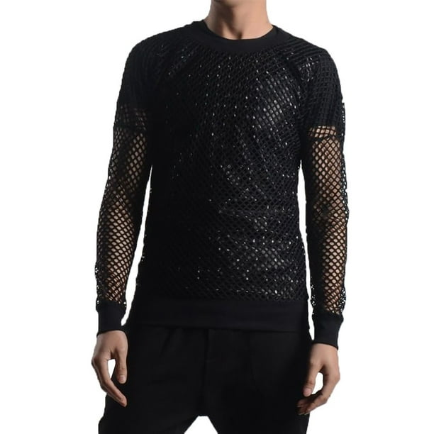 YM YOUMU Men See Through Fishnet Mesh Shirt Long Sleeve Gothic Punk T ...