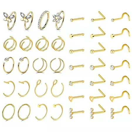 41 Pcs Nose Rings Set, 20g Nose Piercings Jewelry, Double Hoop Nose ...