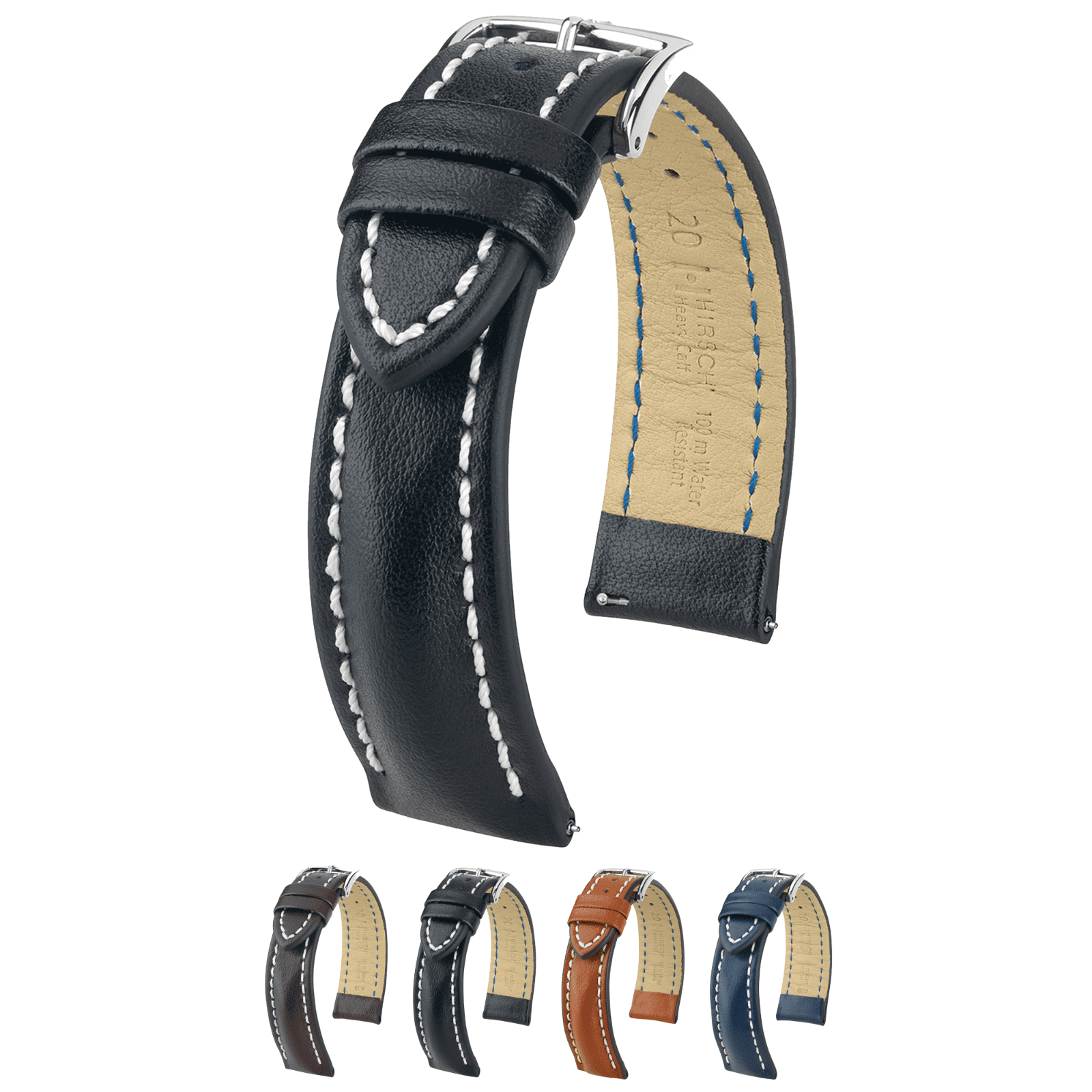 Hirsch Heavy Calf Leather Watch Strap - Black - L - 22mm - Silver ...