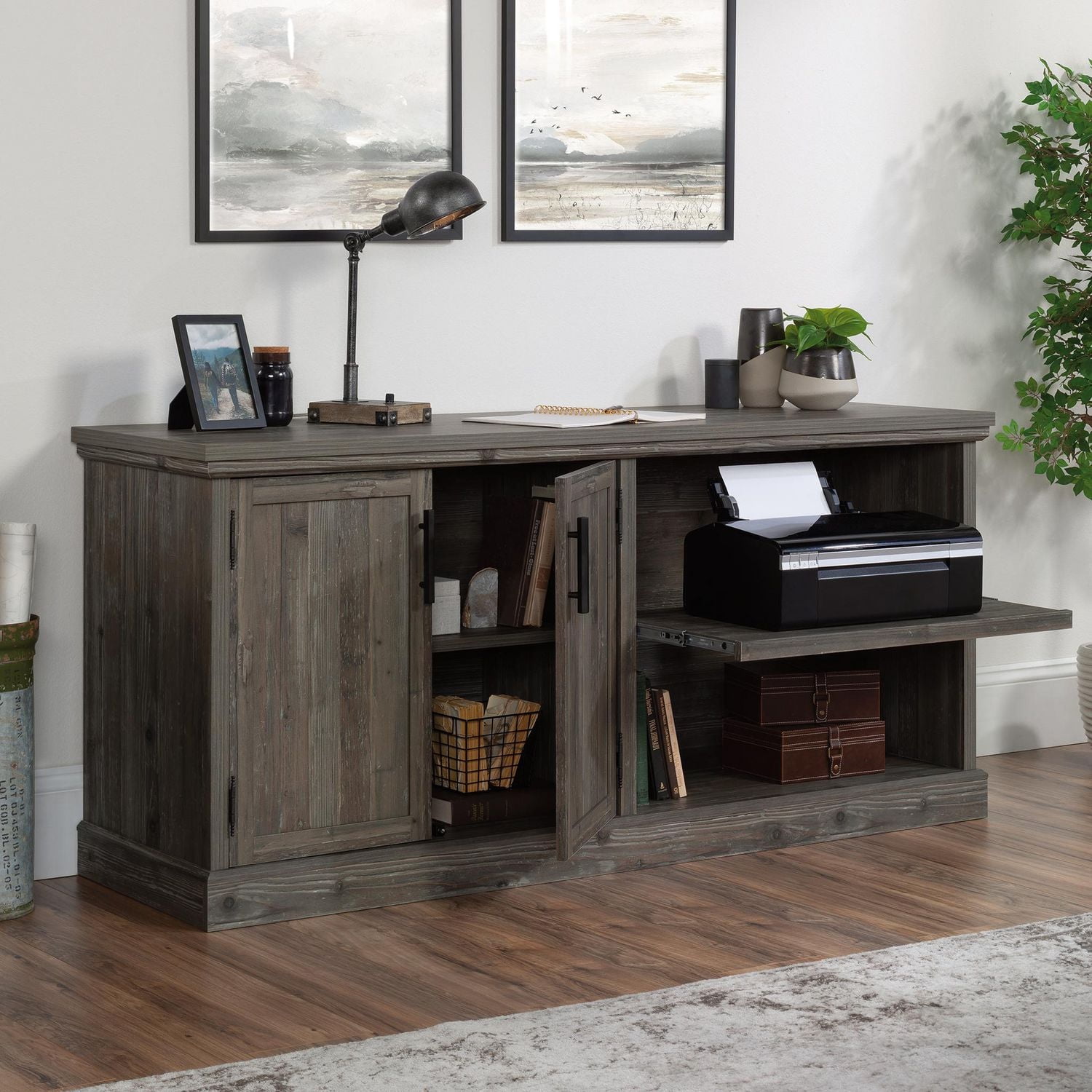 Click here for Sauder Aspen Post Credenza In Pebble Pine Finish prices