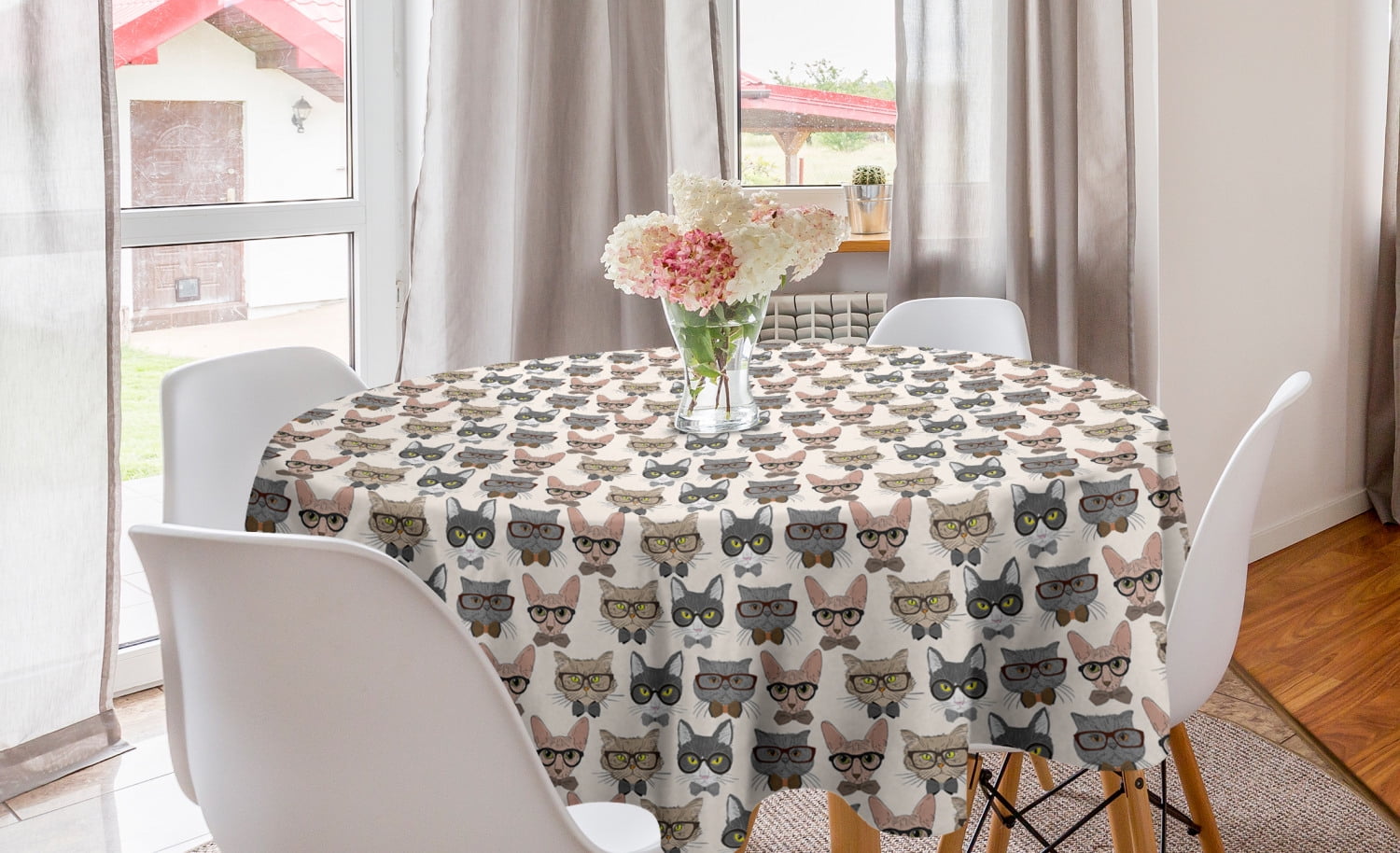 Cat Round Tablecloth, Hipster Nerd Characters with Vintage Sunglasses ...