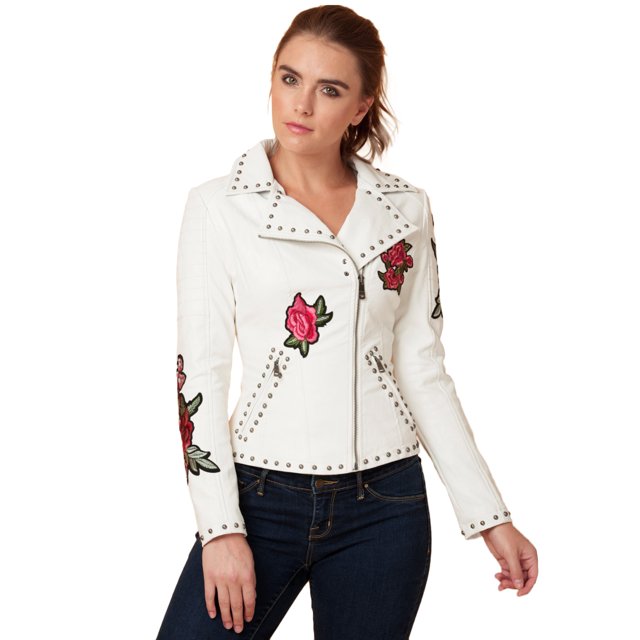 MBJ WJC1497 Wmens Faux Leather Floral Embroidered Biker Jacket M WHITE ...