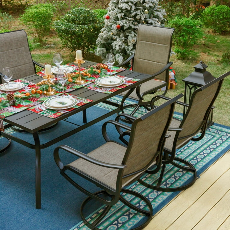 MF Studio 7 Piece Patio Dining Set with 6 High Back Swivel Padded Sling Chairs Rectangular Table Black Gray Brown