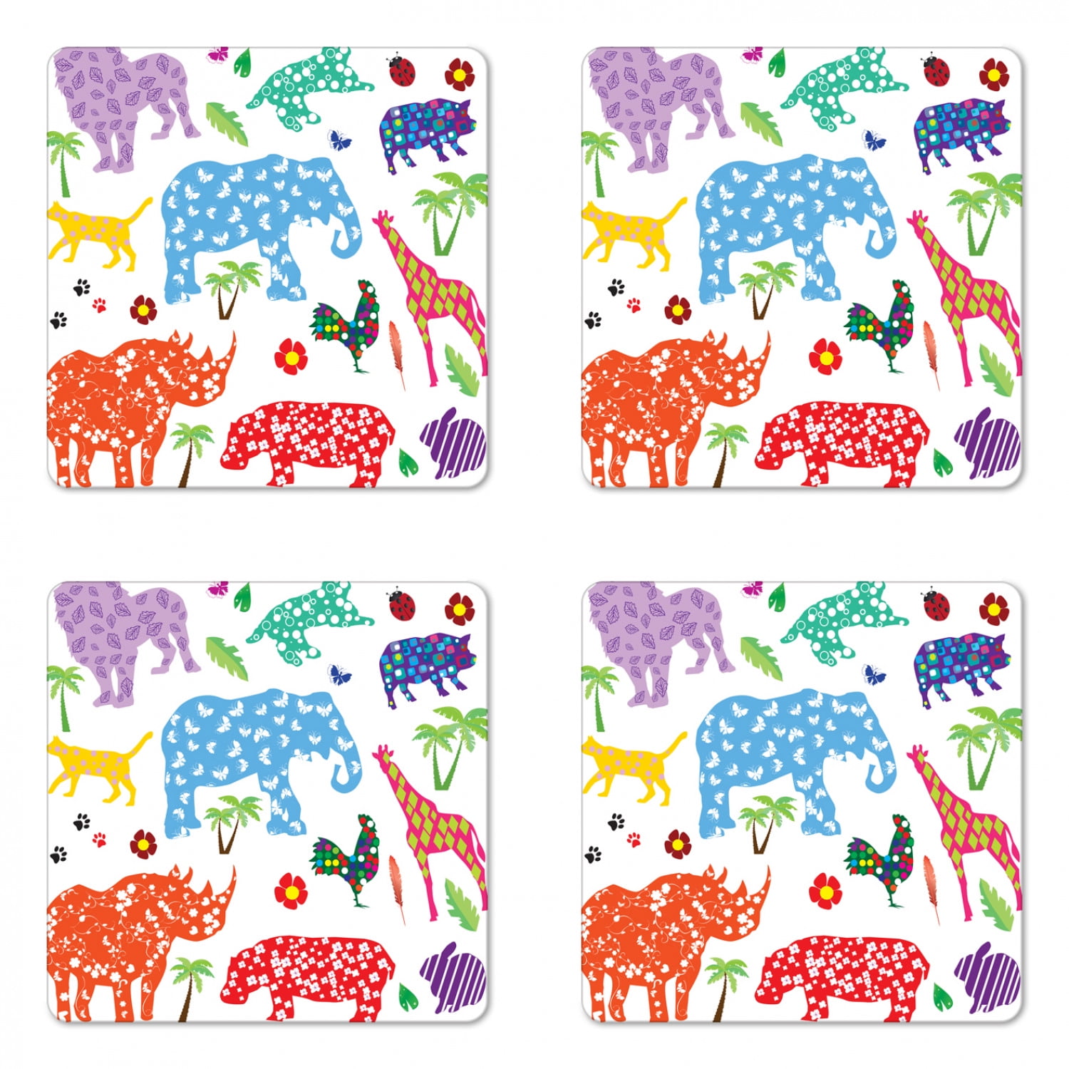 African Coaster Set of 4, Arrangement of Wild Animal Design Filled with ...