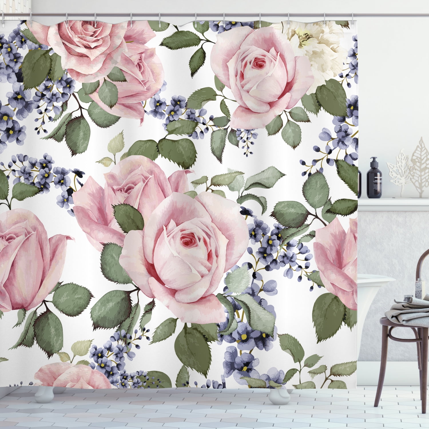 Ambesonne Rose Shower Curtain, Flourishing Pink Flora, 69"Wx70"L, Pale ...