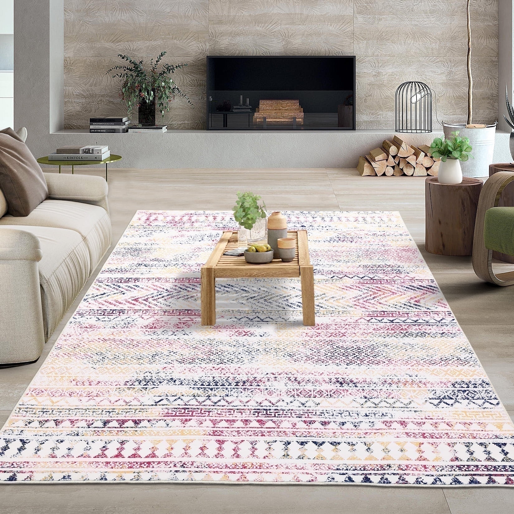 Yusazens 5x7 Large Geometric Bohemian Area Rug Machine Washable Farmhouse Accent Throw Carpet Non-Slip For Living Room Bedroom Hallway Colorful 5 X 7