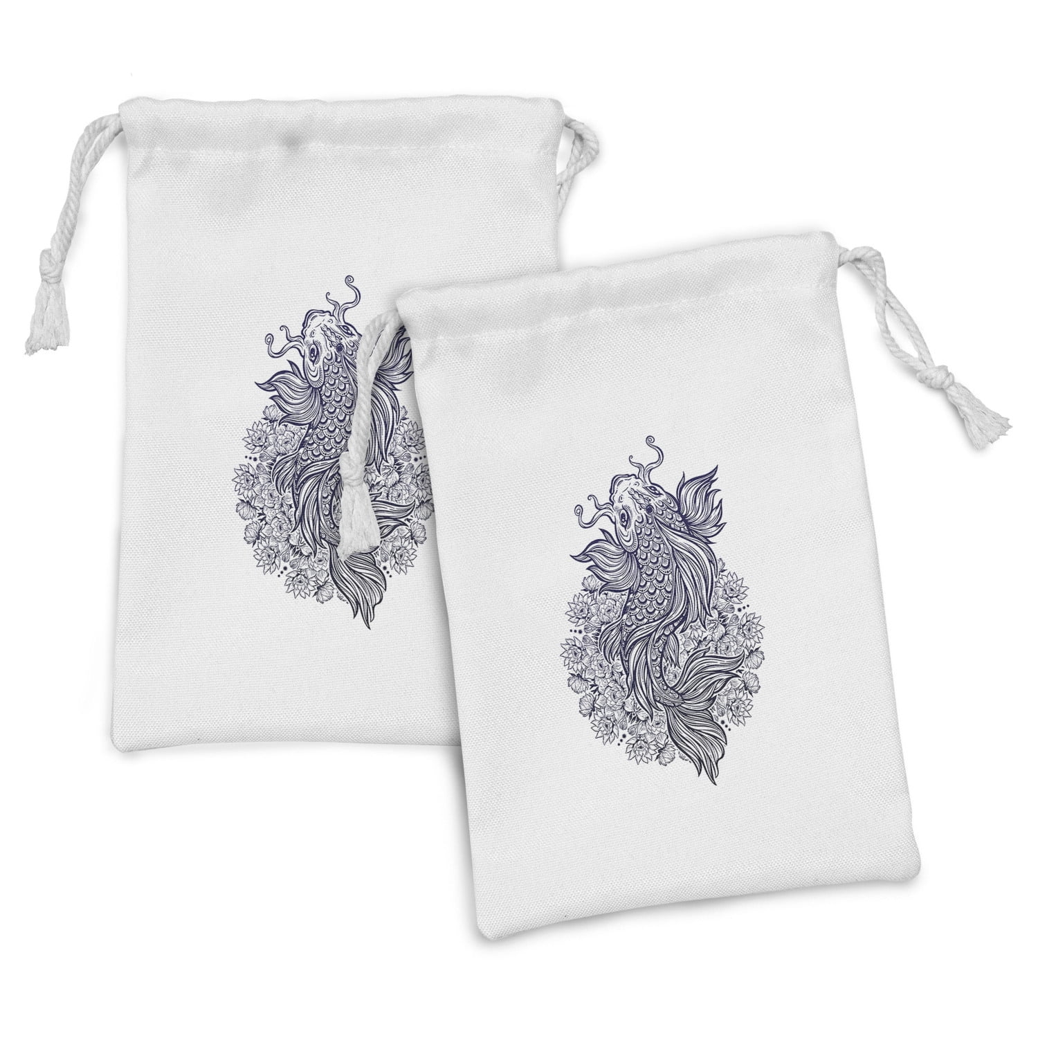 Koi Fish Fabric Pouch Set of 2, Koi Carp Fish Hand-drawn in Dark Blue ...