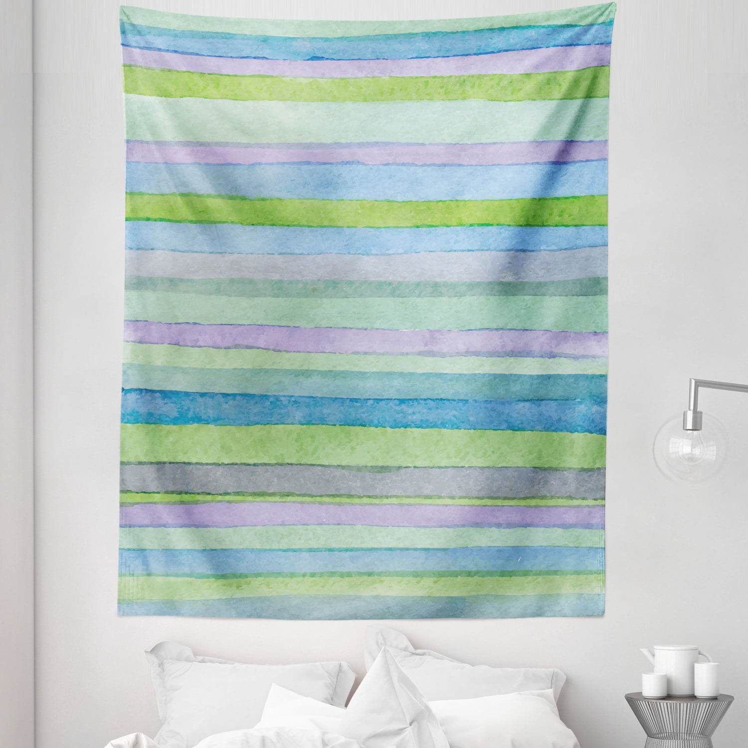 Blue Tapestry, Hand Drawn Style Watercolor Striped Pattern Soft Colors ...
