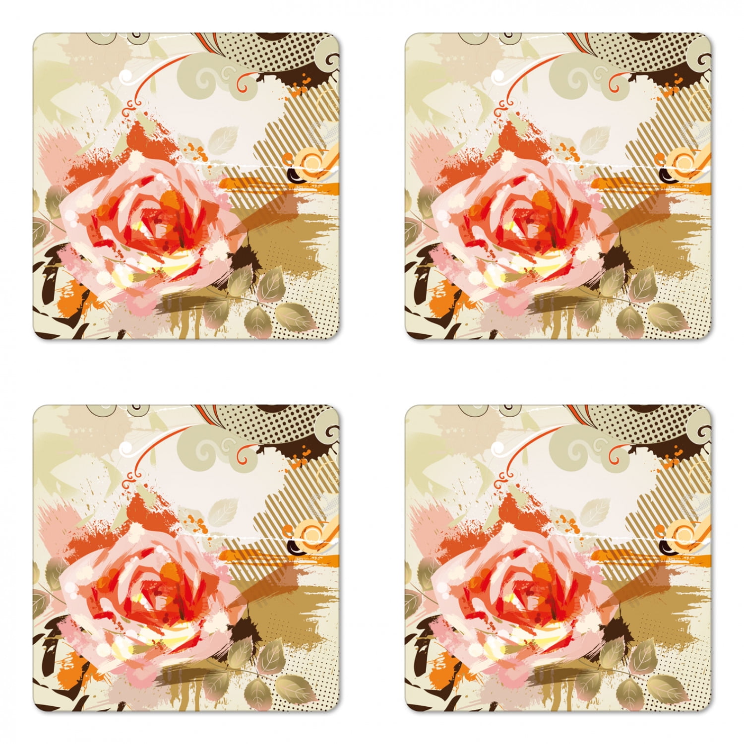 Rose Coaster Set of 4, Abstract Composition with Big Grunge Rose and ...