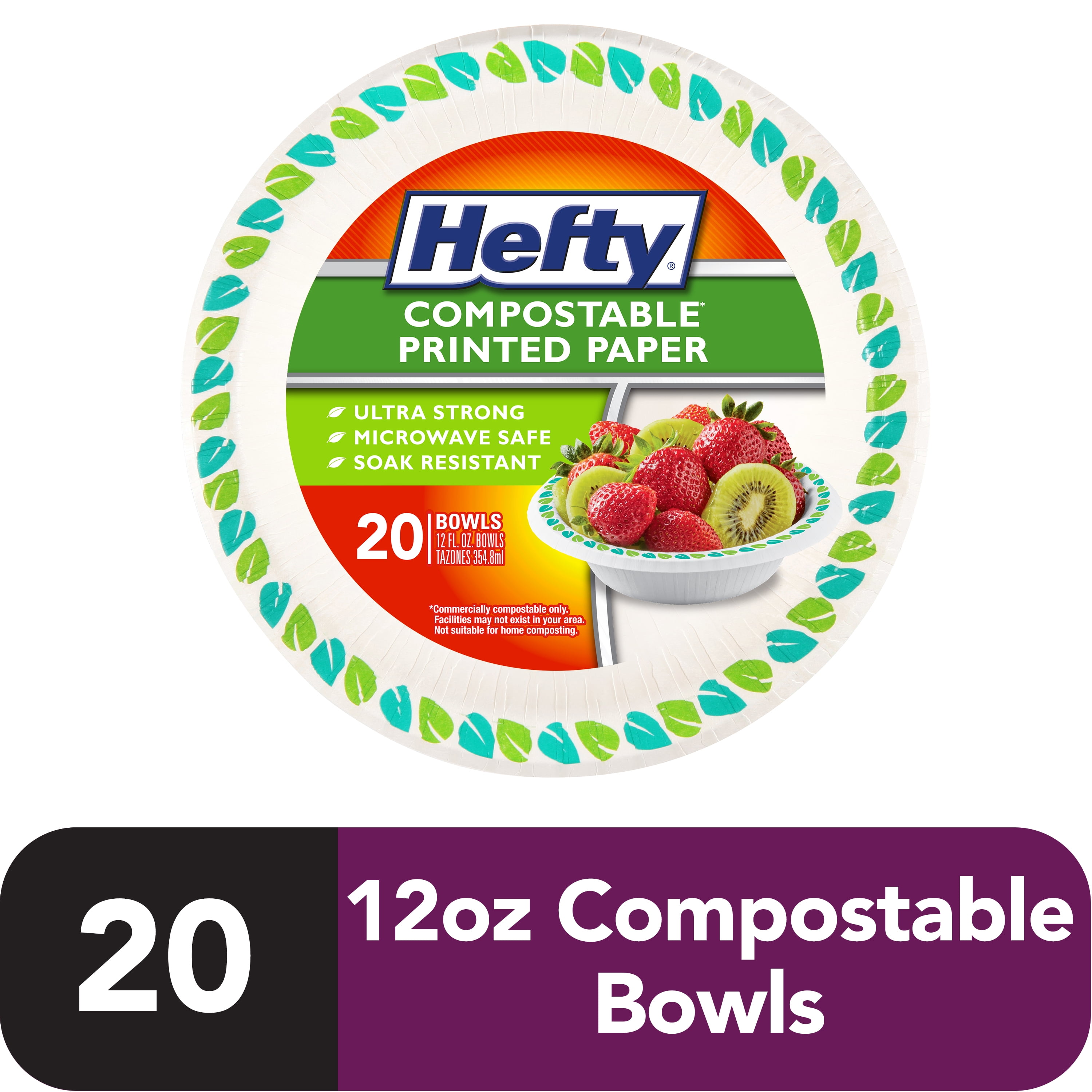 Hefty Compostable Printed Paper Bowls, 12 Ounce Capacity, 20 Count ...