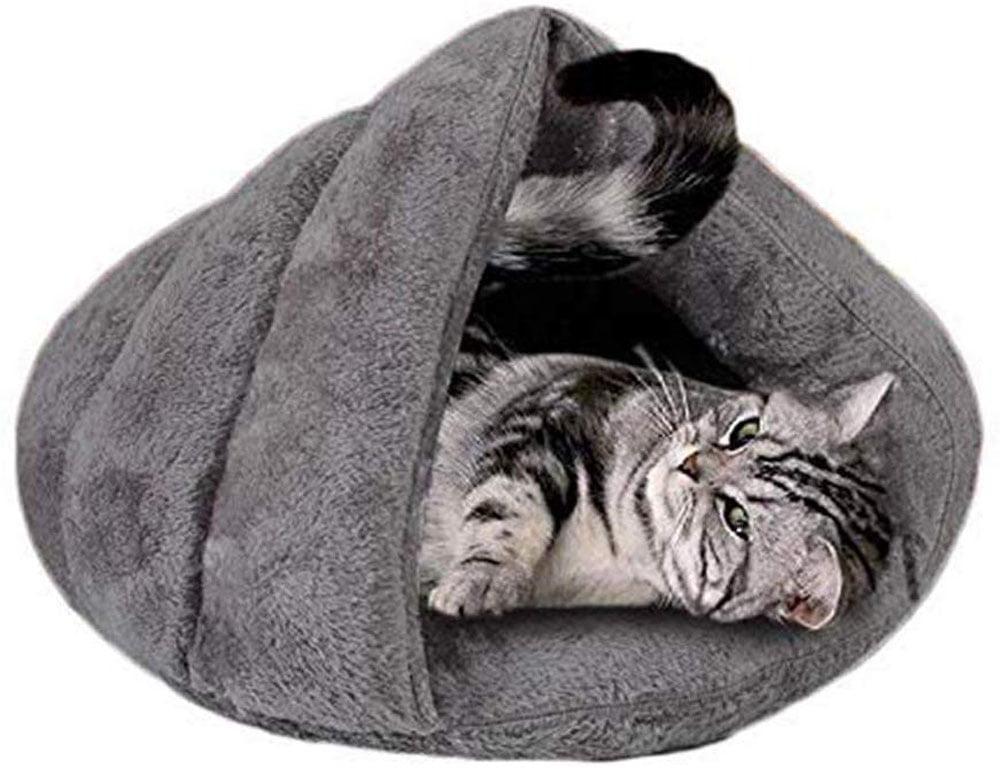 Cave Ultrasoft Plush Cat Bed with Large Hood, Round Burrowing ...