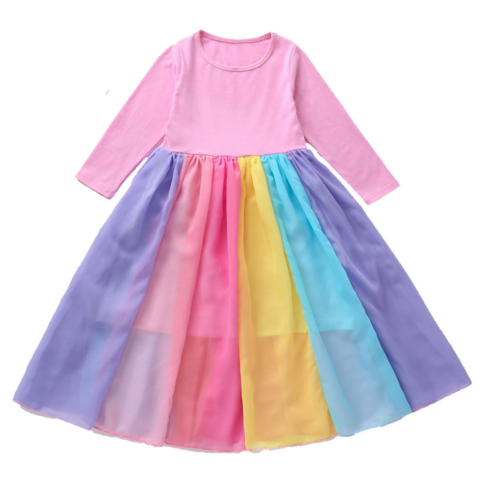 Maxcozy Kids Girl Maxi Dress Rainbow Long Sleeve Dresses 0-6 Years ...