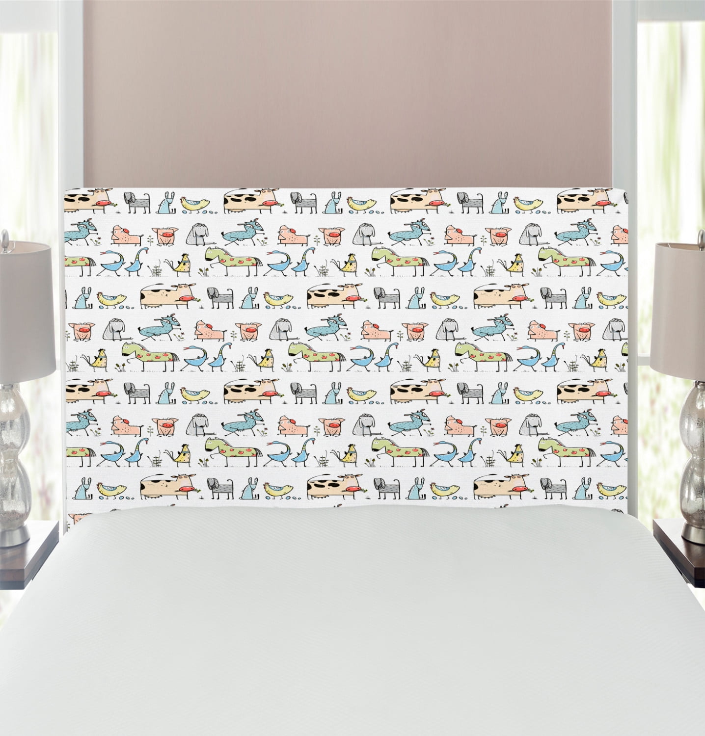 Retro Headboard, Cartoon Village of Domestic Animals Goat Goose Sheep ...