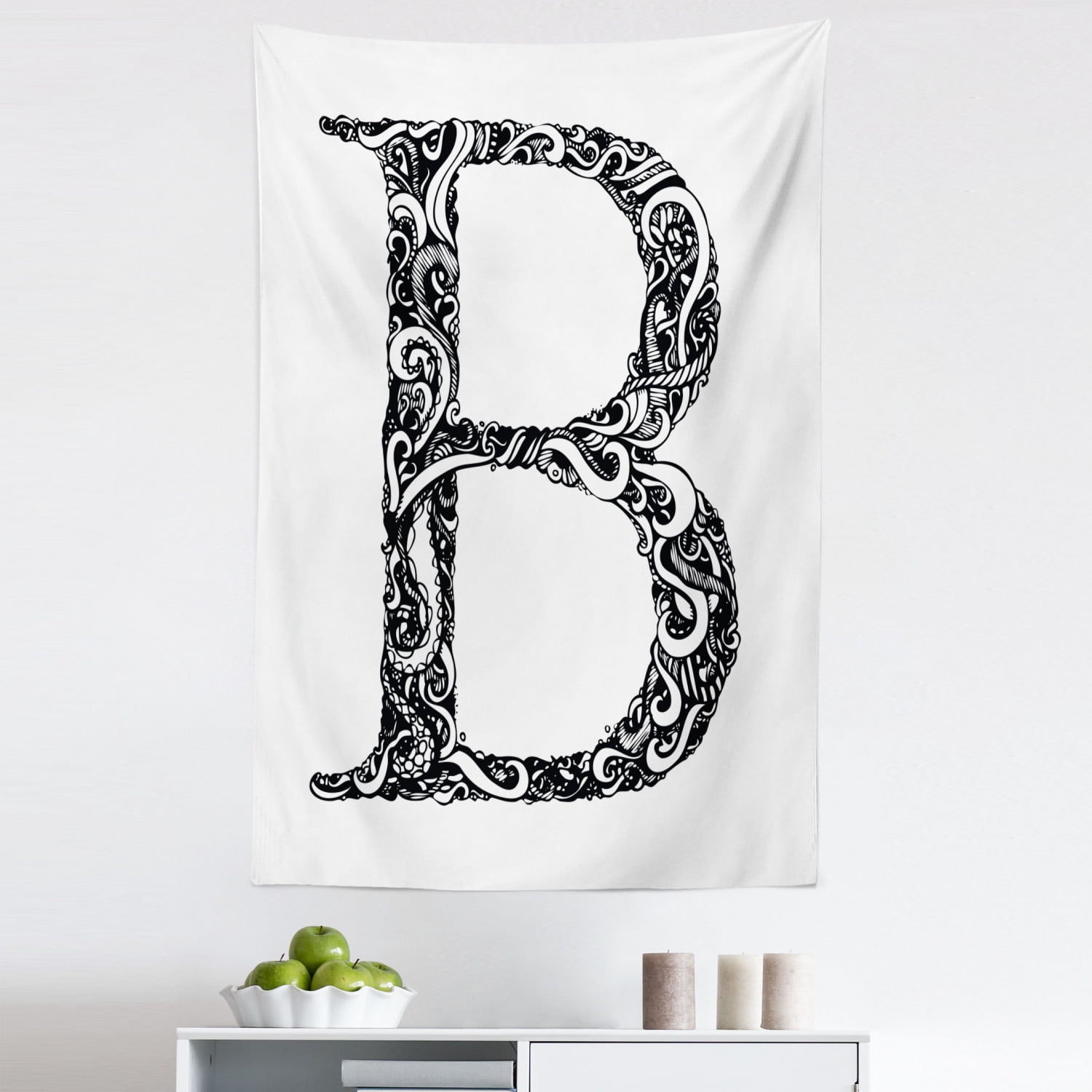 Letter B Tapestry, Black and White Abstract Swirls Classic Design ...
