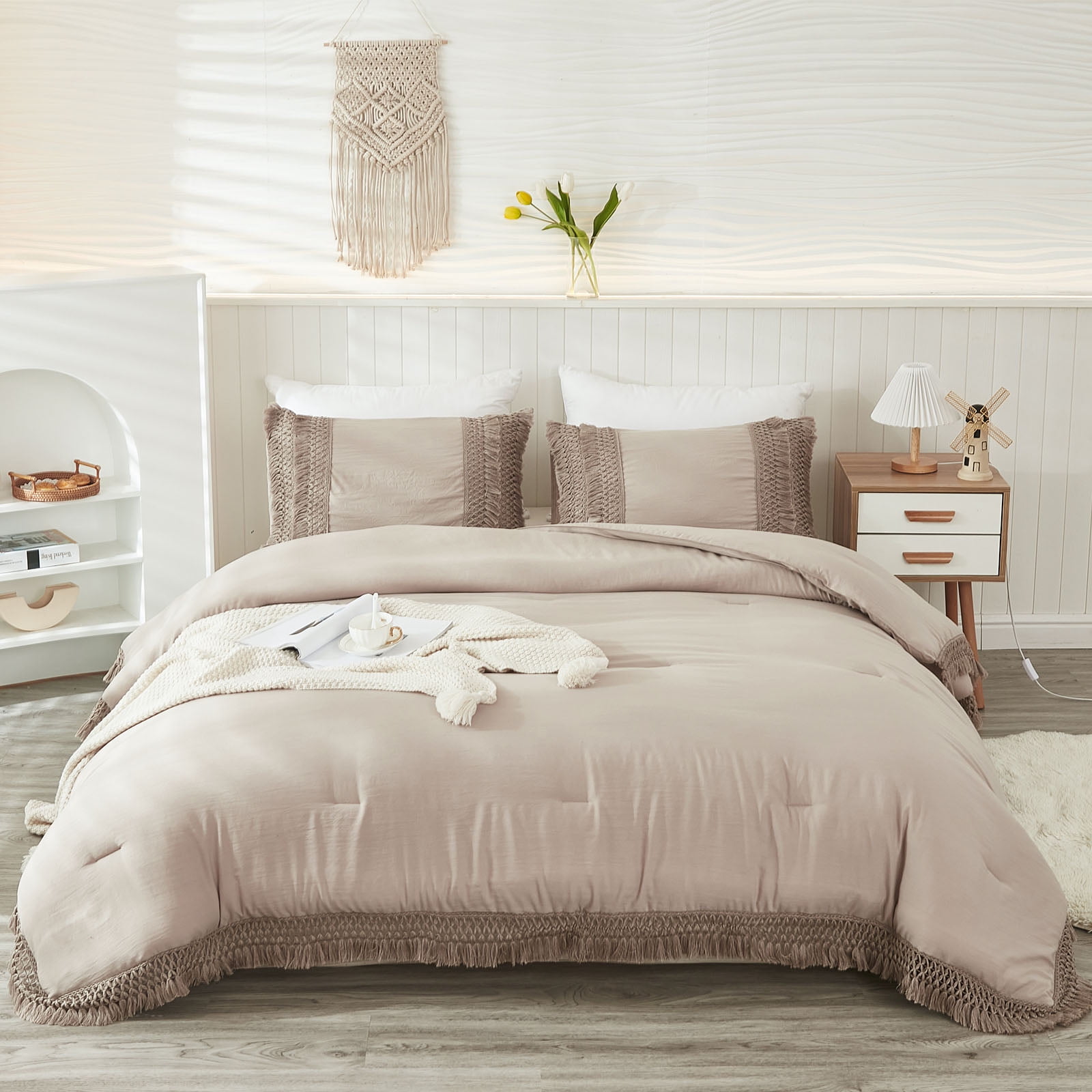 Move Over Taupe Comforter Set King Macrame Tassel Bedding Set Taupe ...
