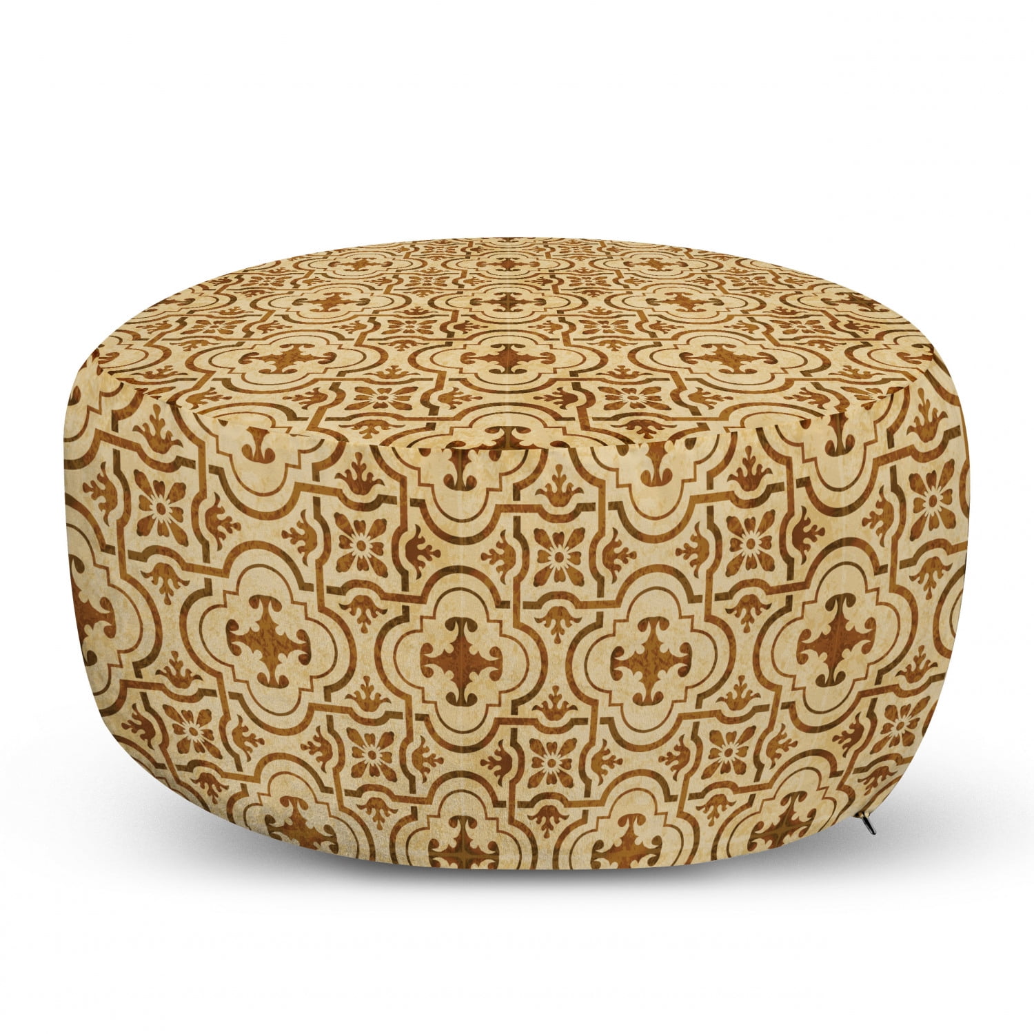 Earth Tones Pouf Cover with Zipper, Old Fashioned Damask Style Curved ...