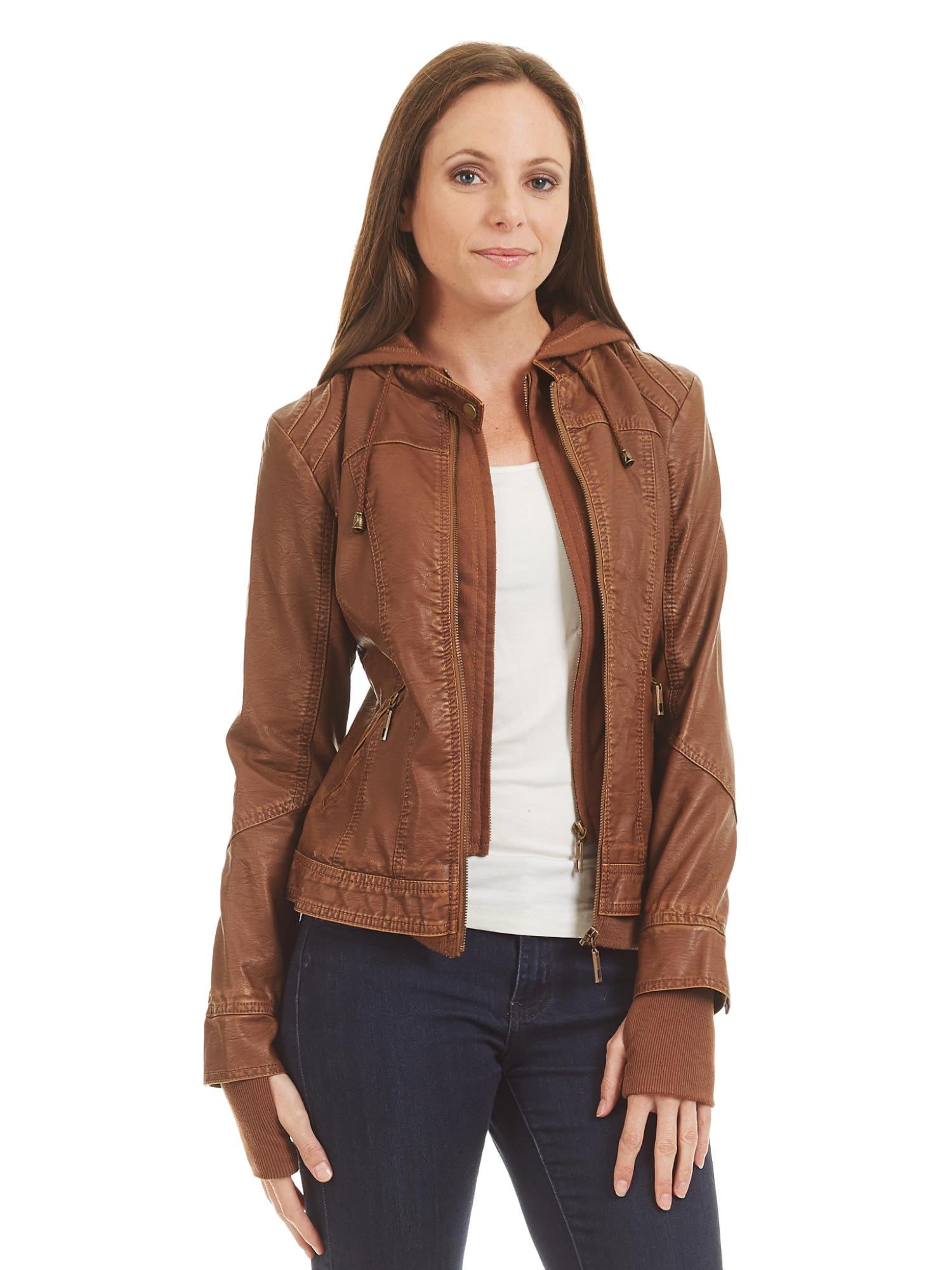 MBJ WJC1433 Womens Hoodied Faux Leather biker Jacket XS CAMEL - Walmart.com