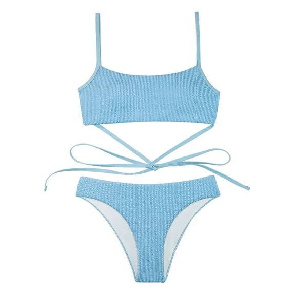HEVIRGO Spaghetti Straps Bandage Ribbed Summer Bikini Solid Color Women ...
