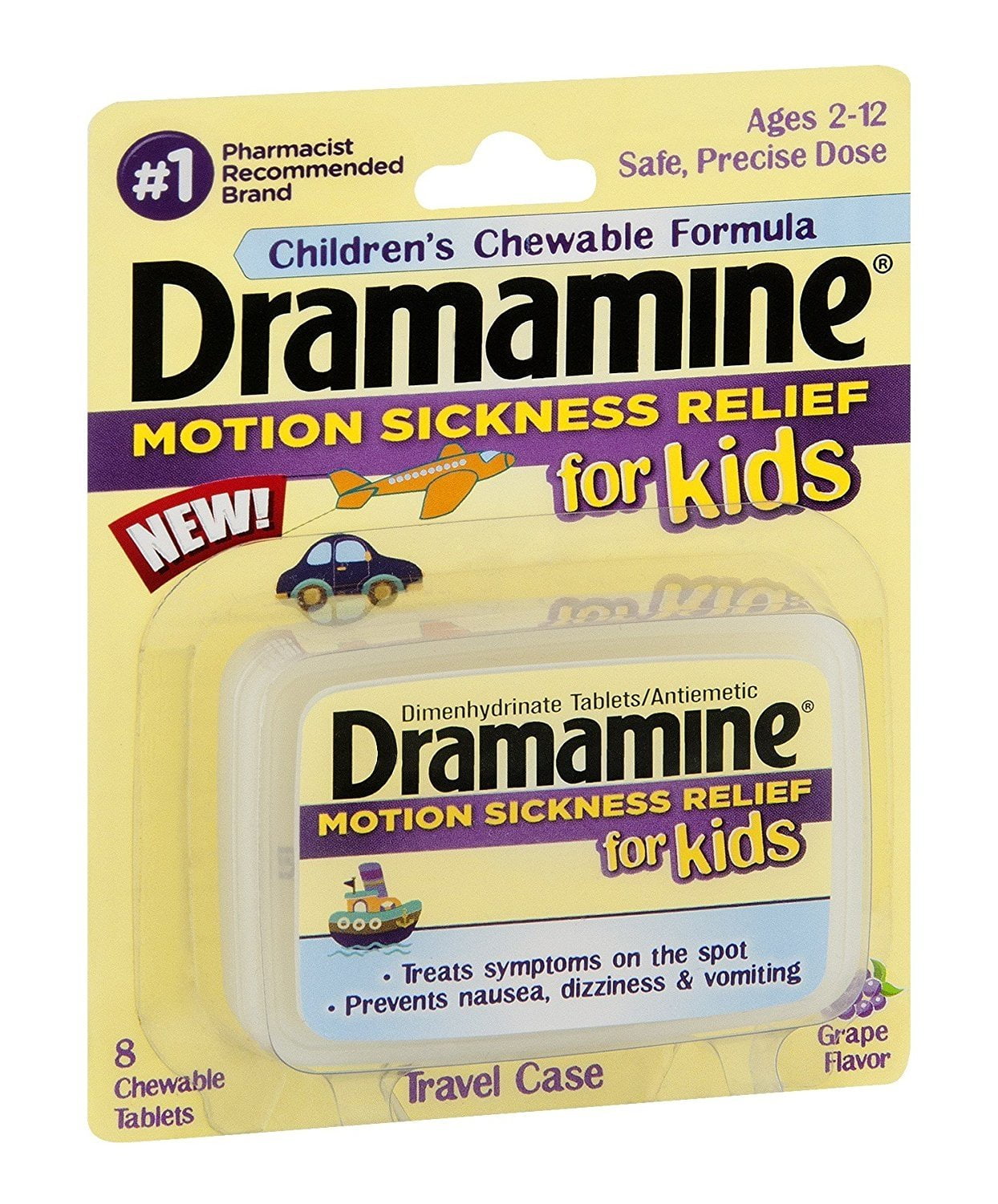 Dramamine Motion Sickness Relief for Kids Travel Case, Grape, 8 Ct, 12 ...