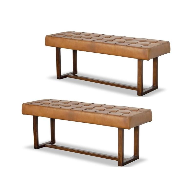 Home Square 2 Piece Mid Century Modern Genuine Leather Bench Set in ...