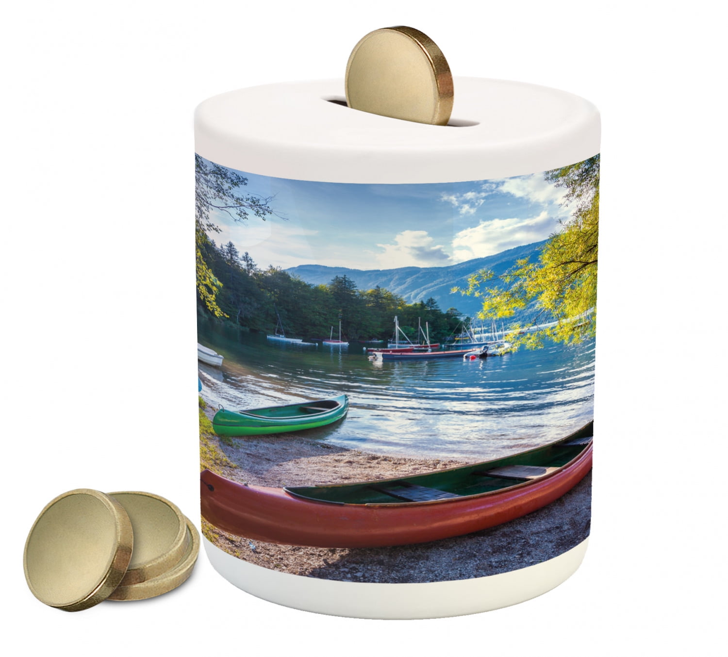 Landscape Piggy Bank, Bohinj Lake with Boats Canoes Triglav National ...