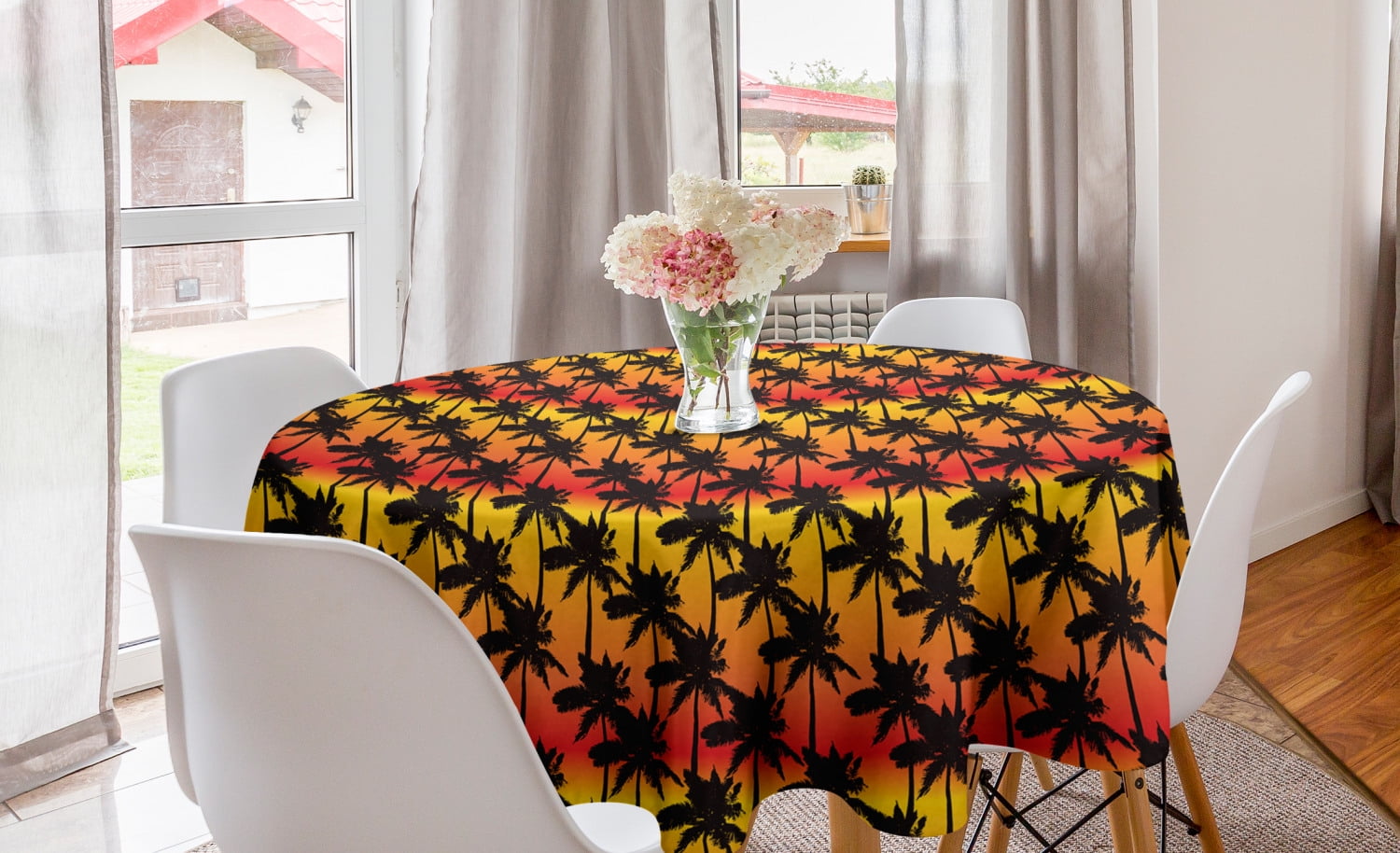 Tropical Round Tablecloth, Silhouette of Palm Trees Island Background ...