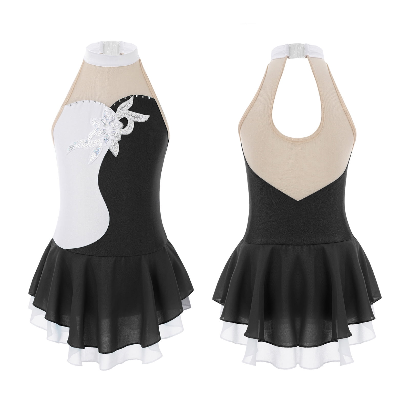 INHZOY Kids Girls Mesh Splice Shiny Rhinestone Dress Gymnastic Leotard ...