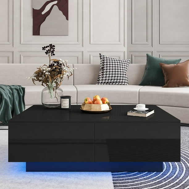 Hommpa 4 Drawers Coffee Table High Gloss Rectangle End Table Modern Living Room Furniture Black Side Desk