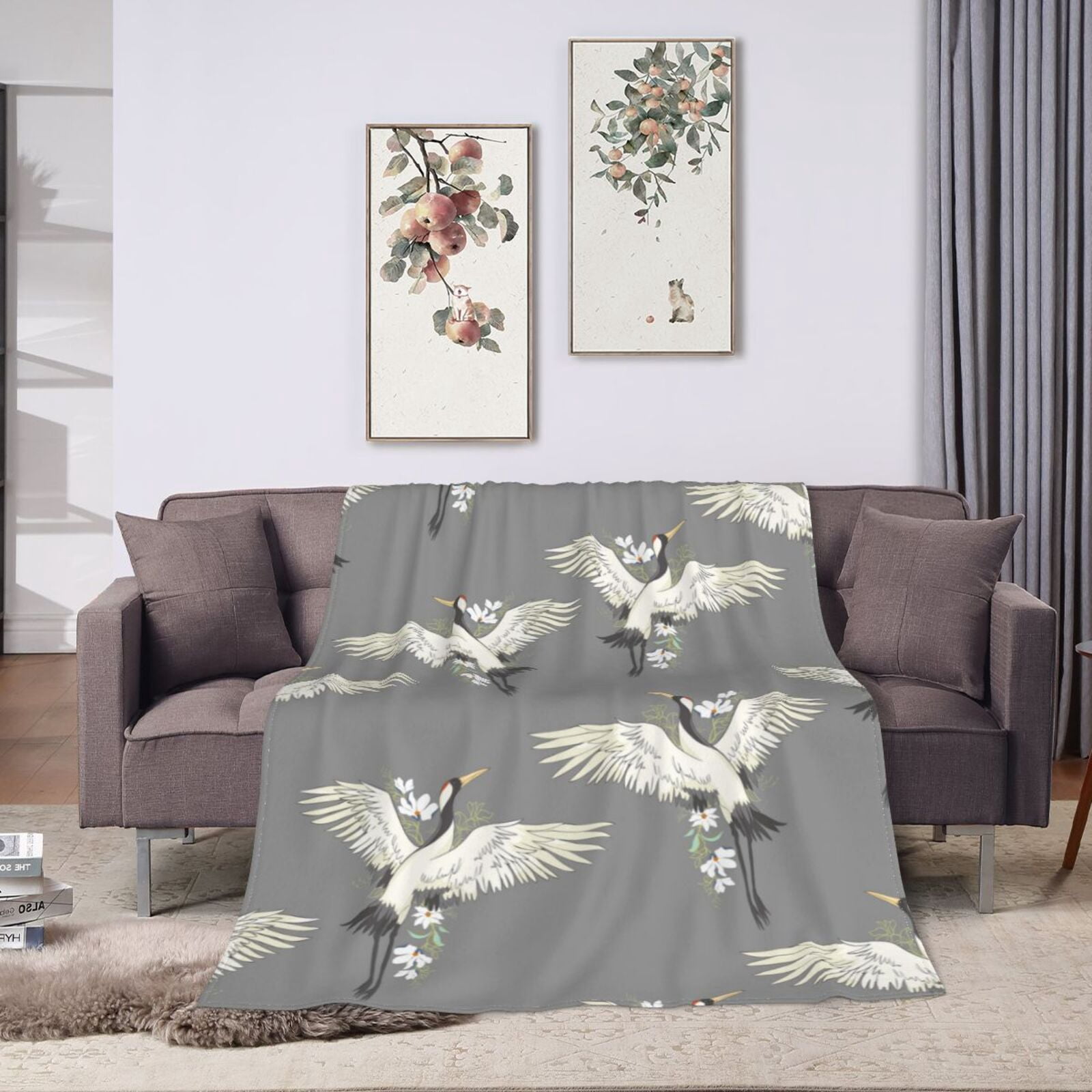 ZNDUO Gray Crane Pattern Throw Blanket, Lightweight Cozy Soft Throw ...