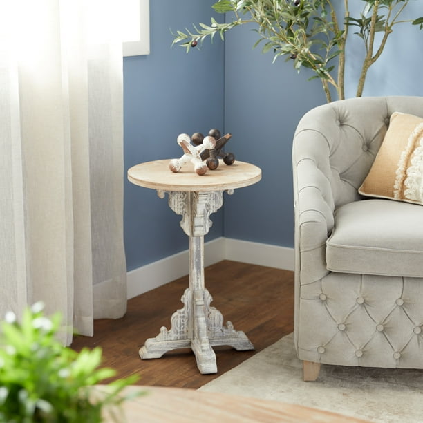 DecMode Farmhouse Wood Round Accent Table with Carved Floral Leg Stand ...