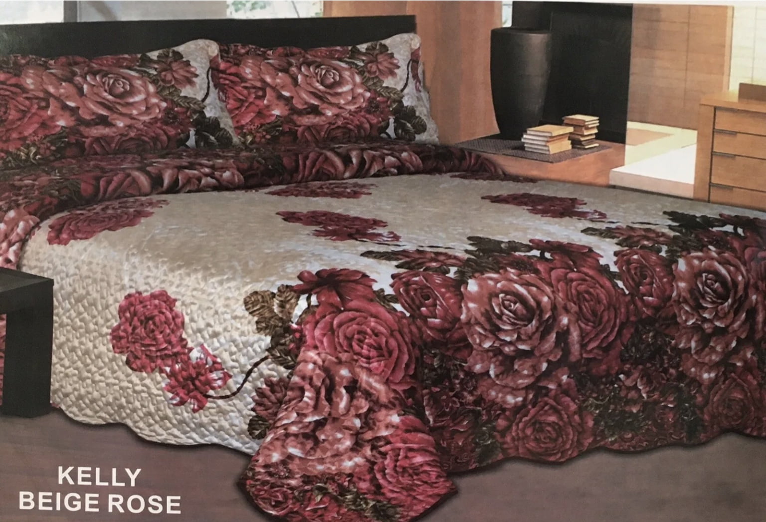 KELLY ROSES FLOWERS BURGUNDY AND BEIGE PLUSH BEDSPREAD SET 3 PCS QUEEN ...