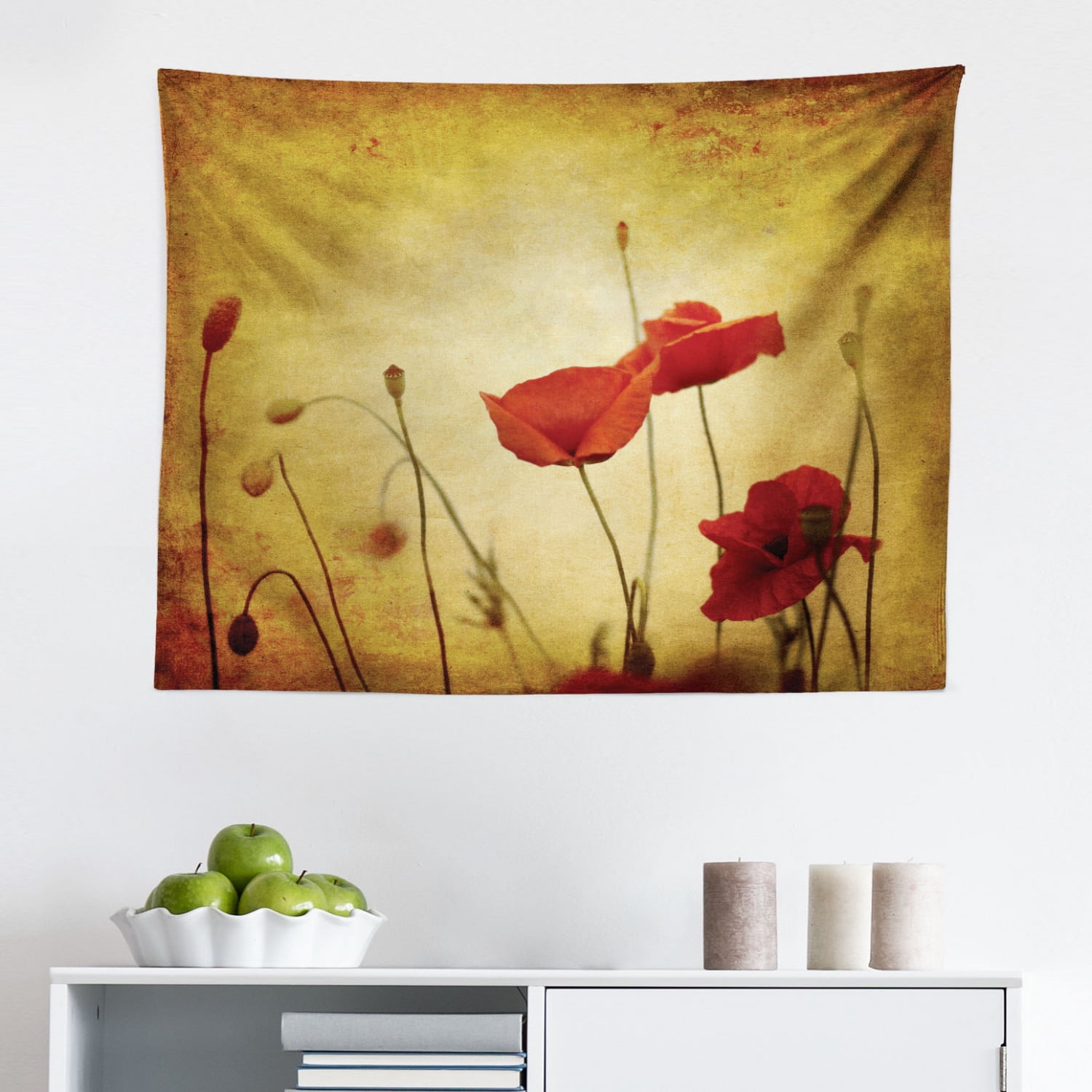 Poppy Flower Tapestry, Meadow with Poppies and Rainbow Reflection in ...