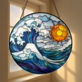 Blue Ocean Wave Glass Window Decor, Coastal Suncatcher Hanging Art ...
