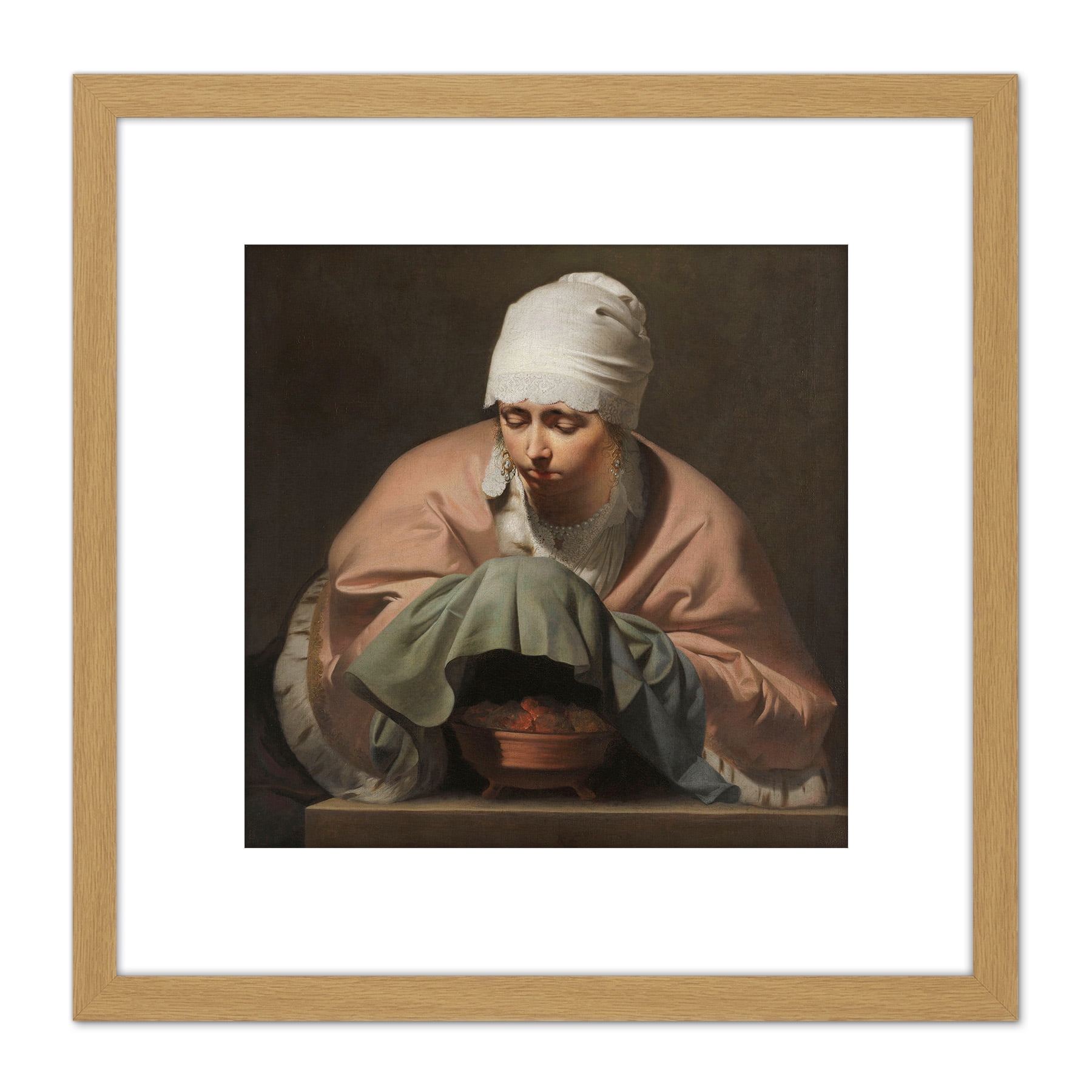 Van Everdingen Woman Warming Hands Brazier 8X8 Inch Square Wooden ...