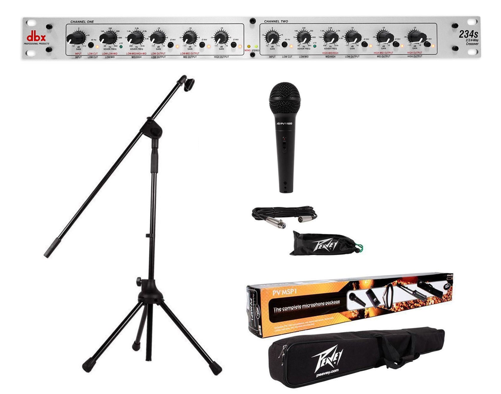 DBX 234S Stereo 2/3 Way/Mono 4-Way Crossover+Peavey Mic+Stand+Boom+Gig ...