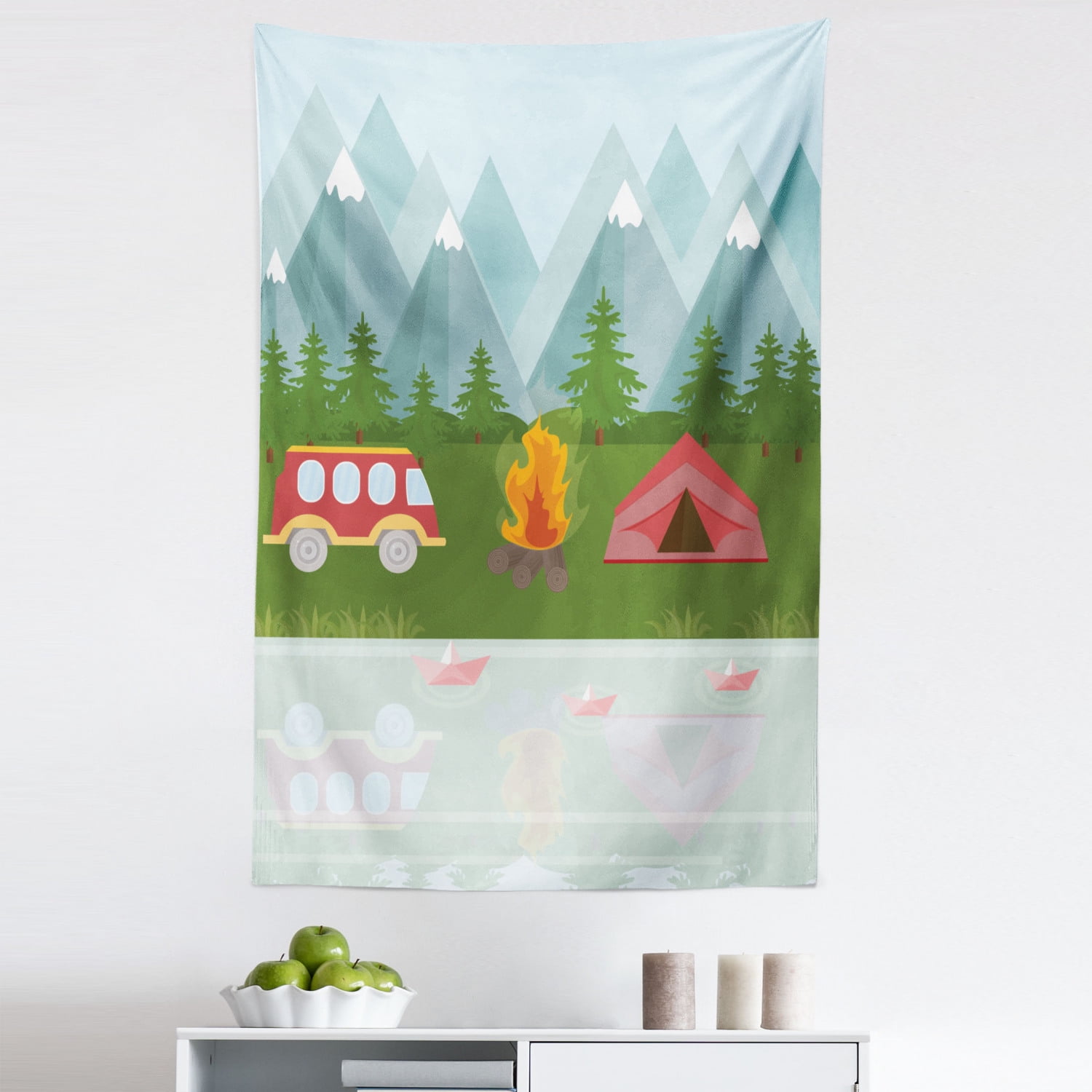 Camper Tapestry, Cartoon Tent and Hippie Style Caravan in the Mountains ...