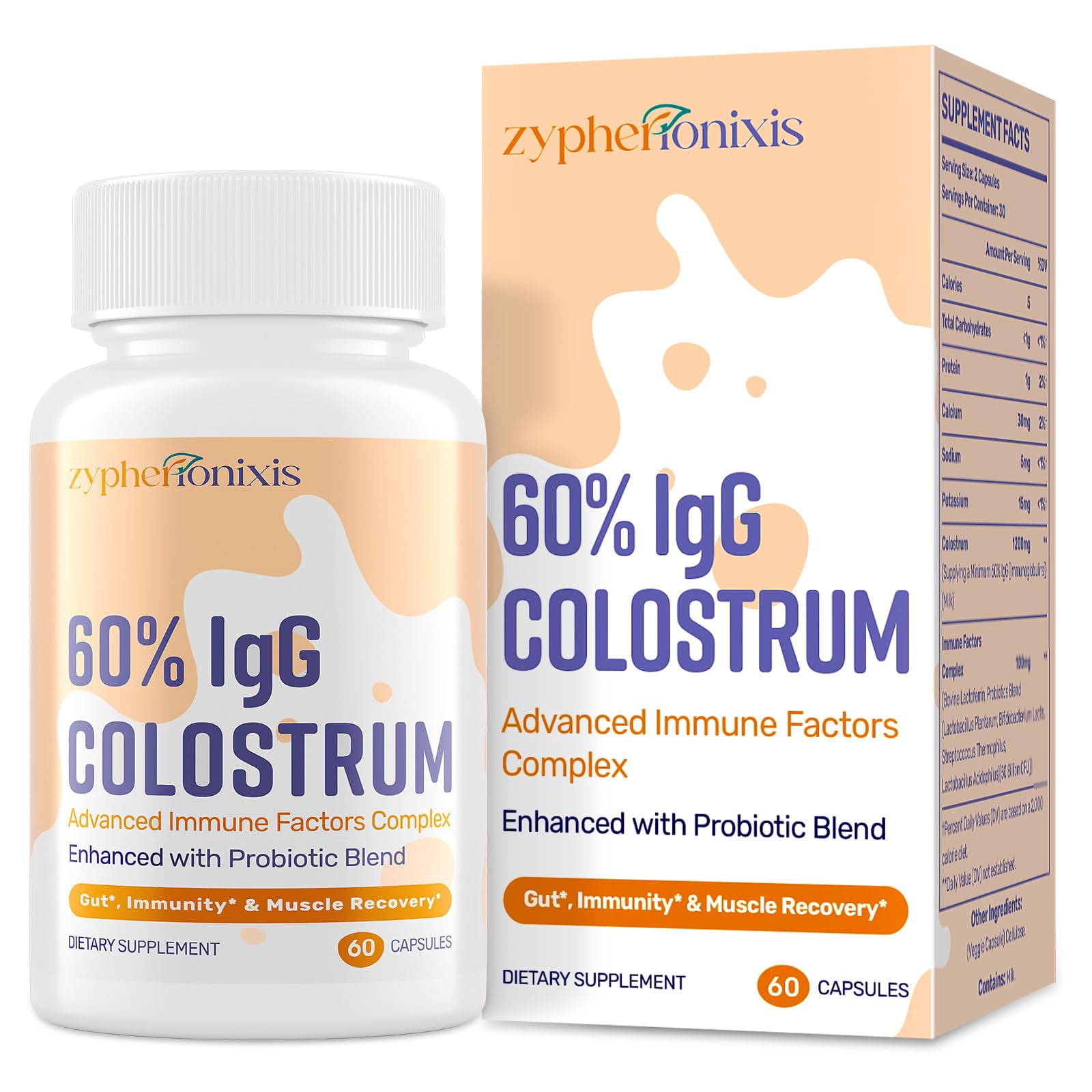 Cápsulas de suplemento Zypherionixis Bovine Colostrum 1300 mg 60% ...
