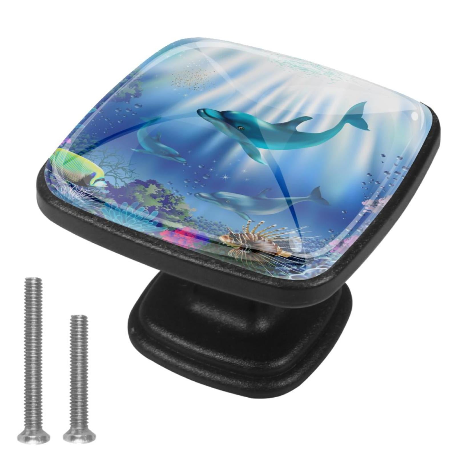 4 Pcs Cabinet Handle Drawer Pulls Underwater World Dolphins Knobs with Screws Square Furniture ...