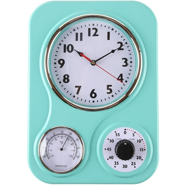 Lily's Home Retro Kitchen Wall Clock with Thermometer, 60-Minute Timer ...