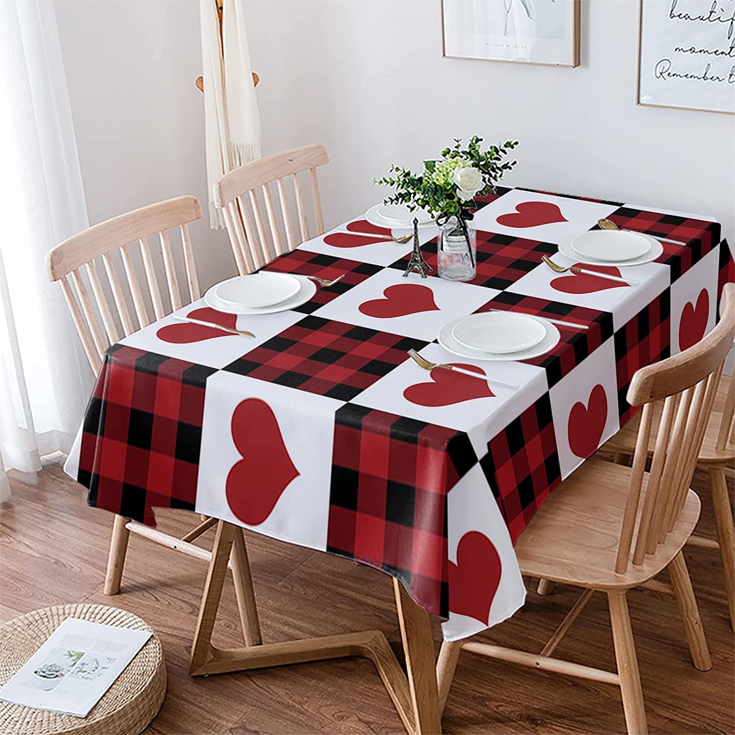 Valentine Tablecloth Rectangle/Oval Heart Red and Black Buffalo Plaid ...