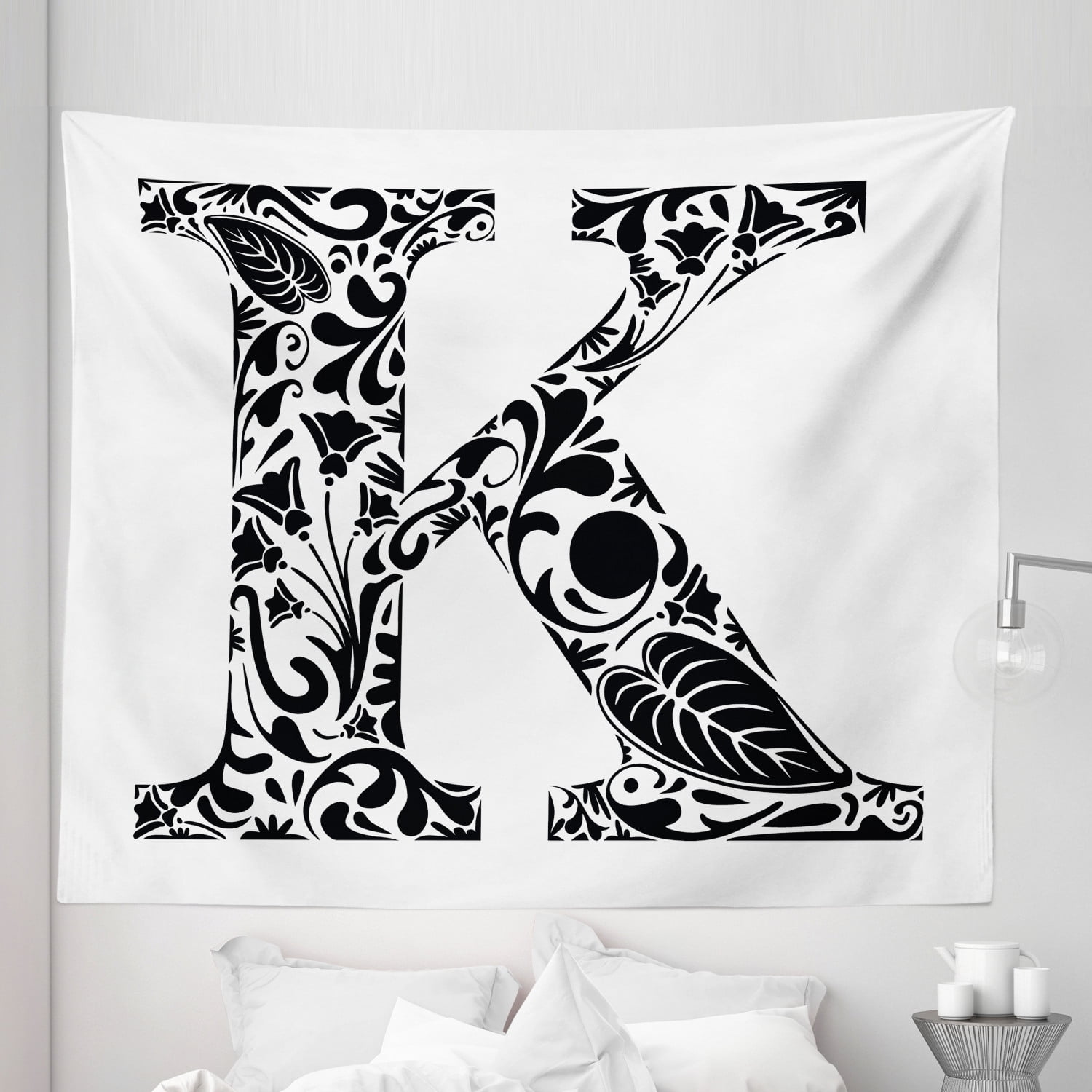 Letter K Tapestry, Nature Inspired Black Silhouettes Swirls Abstract ...