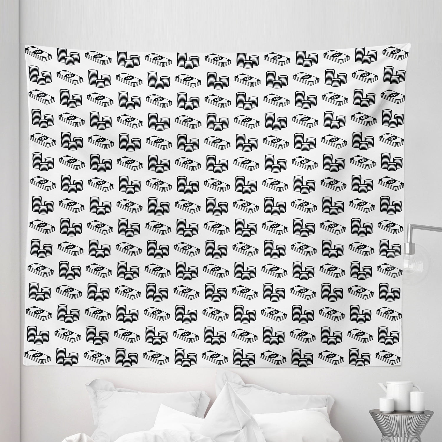 Money Tapestry, Monochrome Stacked Coins and Dollar Bills Simple Doodle ...