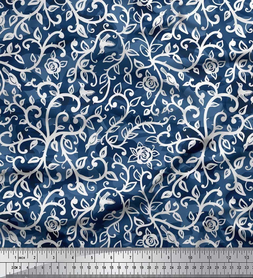 Soimoi Cotton Voile Fabric Leaves,Bird & Rose Flower Print Sewing ...