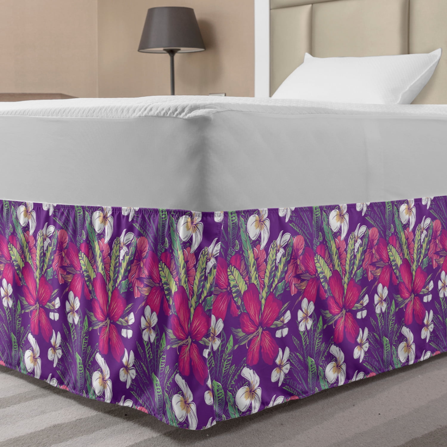 Floral Bed Skirt, Pattern of Exotic Hibiscus White Flowers Leaves Pale ...