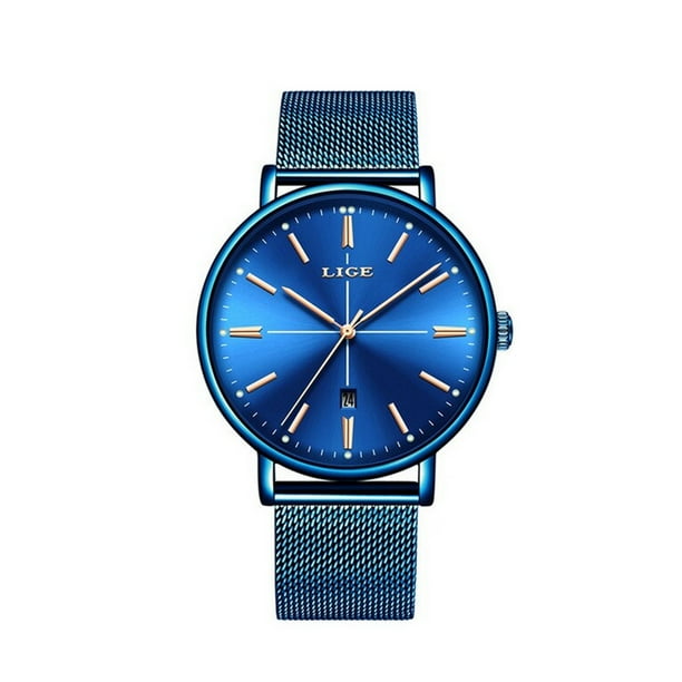LIGE Womens Luxury Watch, Blue Face, Stainless Steel Mesh Band, 3 Bar ...