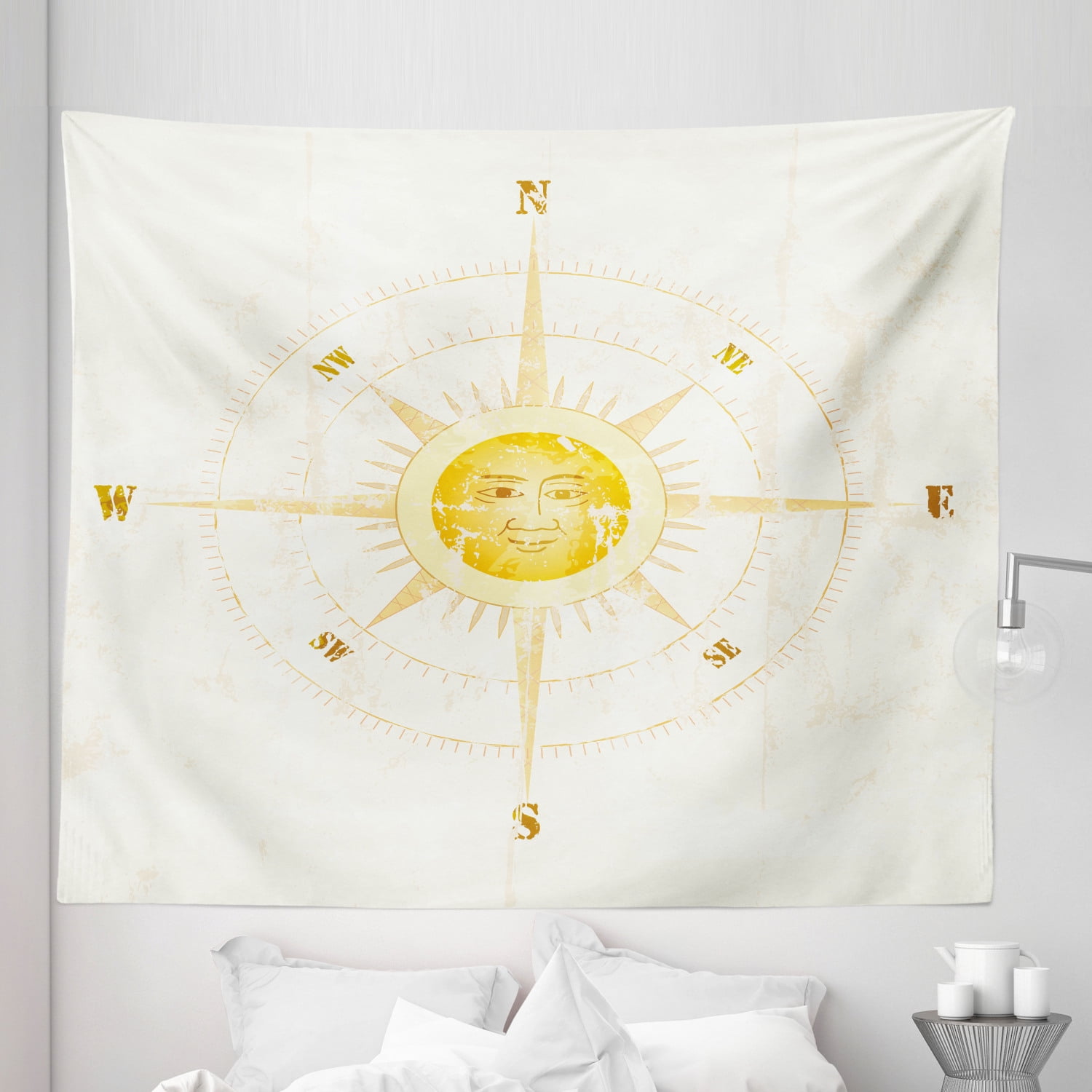 Compass Tapestry, Vintage Boating Windrose with the Face of the Sun in ...