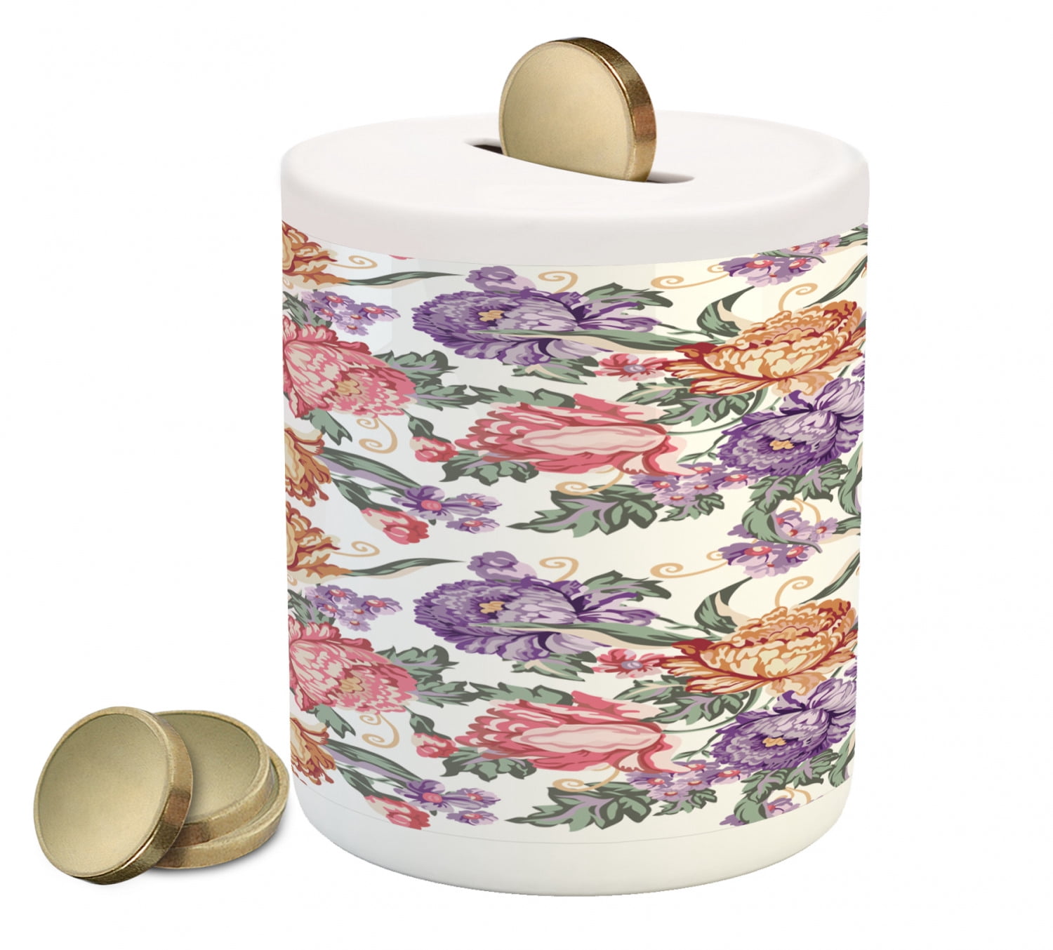 Floral Piggy Bank, Vintage Colorful Flowers and Curls on White ...