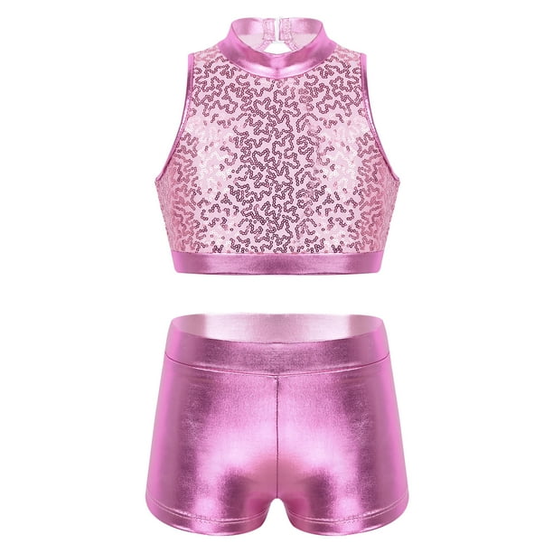 iEFiEL Girls Sparkly Sequins Ballet Dance Outfit Gymnastics Crop Top ...